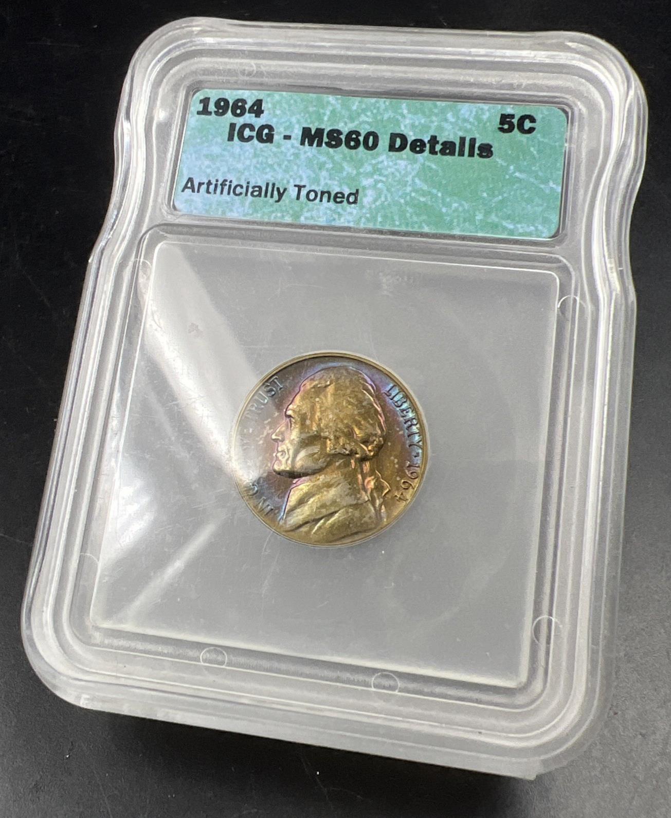 1964 5c Jefferson Nickel Coin MS60 Details ICG Artificially Toned ...