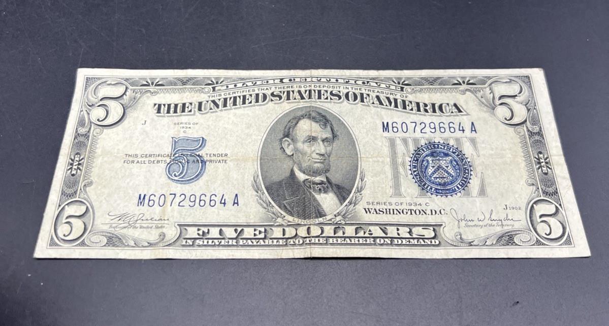 1934 C $5 Silver Certificate Note Blue Seal Bill VG / Fine Circ #664 ...
