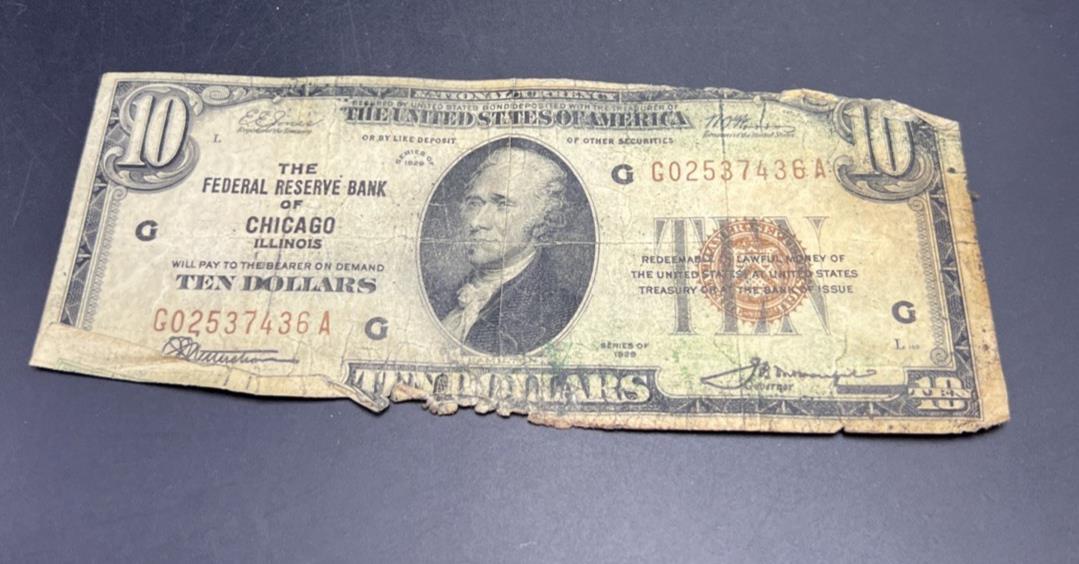 1929 $10 National Bank Chicago Very Circ Cull Ugly Damaged Low Serial ...