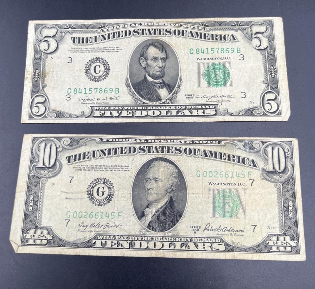 2 Note Set / Lot 1950 $5 & $10 FRN Federal Reserve Notes VG / F Condit ...